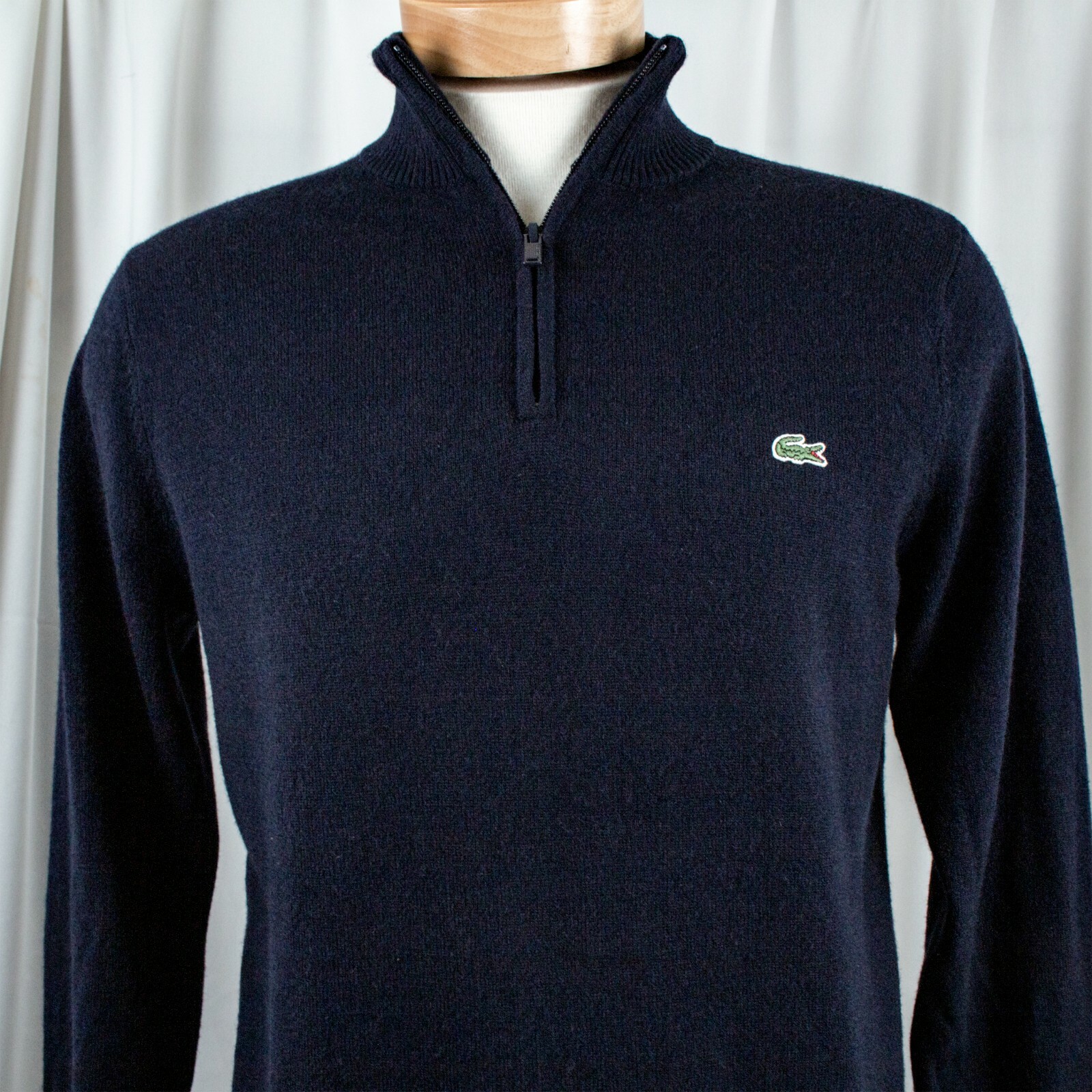 LACOSTE Navy Blue Solid Wool Men 1/4 Zip Mock Neck S… - Gem