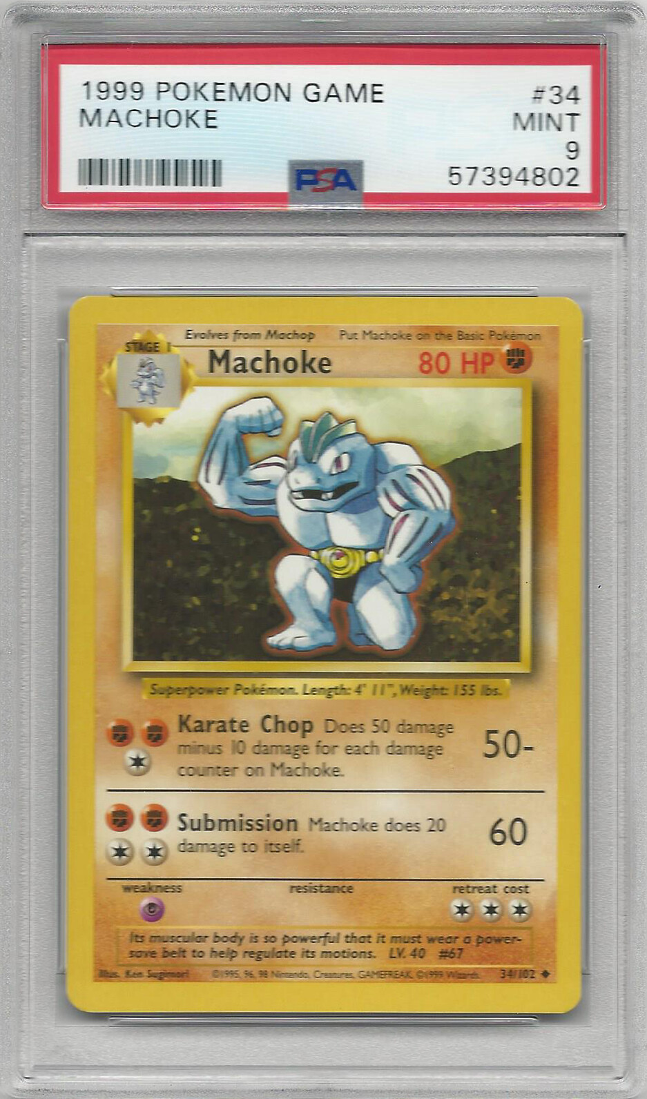 PSA 9 MINT 1999 Pokemon Base Set Unlimited Machoke #34/102 Uncommon ...
