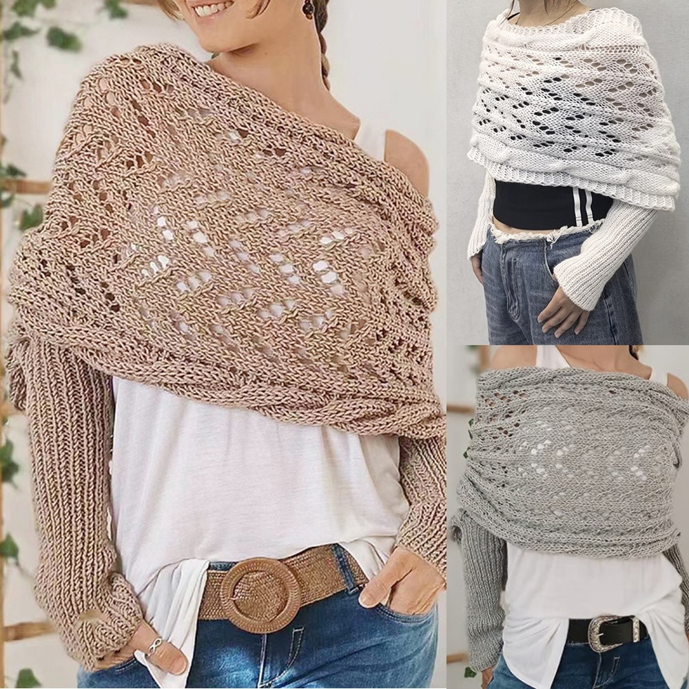 Double Sleeve Outdoor Windproof Hollow Out Crop Top Shrugs Shawl Solid ...