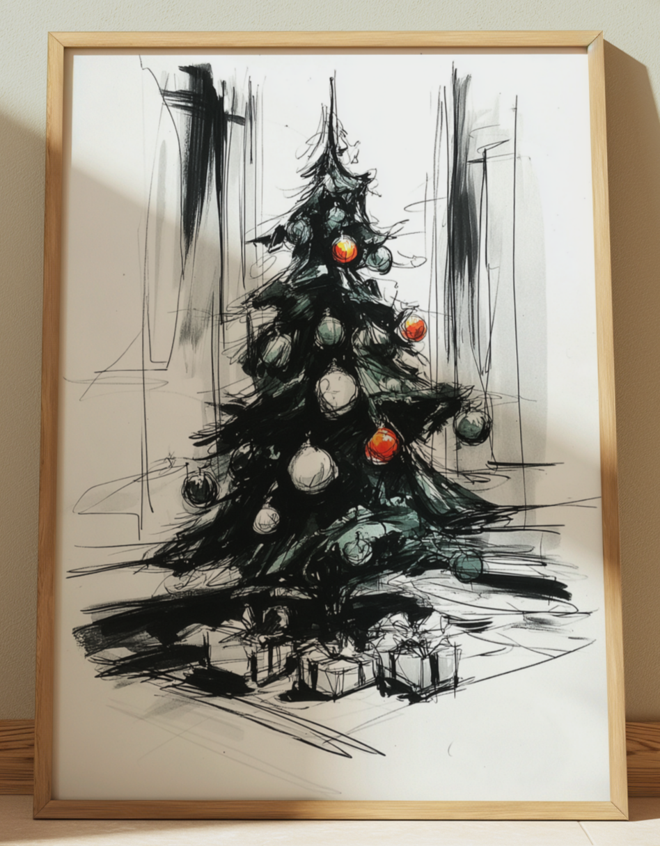 CHRISTMAS TREE INK DRAWING PRINT SKETCH 4" x 6" CHRISTMAS TREE PRINT | eBay