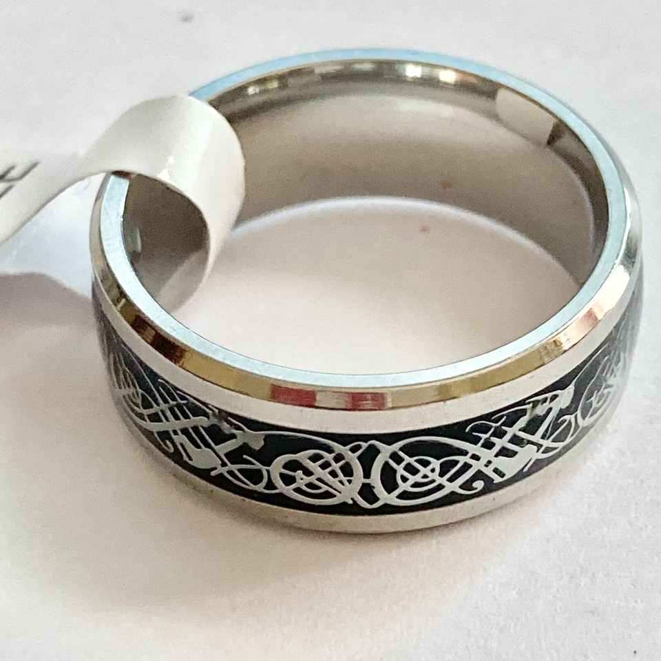 Stainless Steel Celtic Etched Band Ring Silver Tone Mens Women Size 12 ...