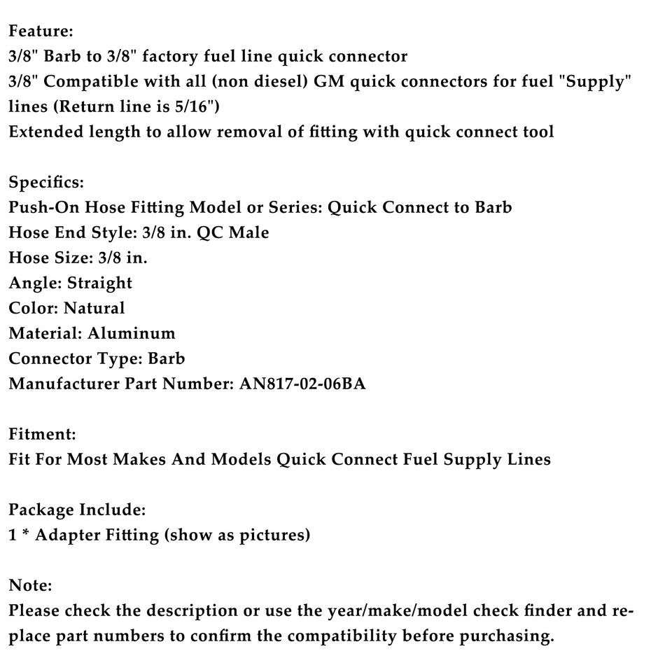 Quick Connect 3/8 Fuel Rail Hose To 3/8 Barb Adapter Fitting AN817-02 ...