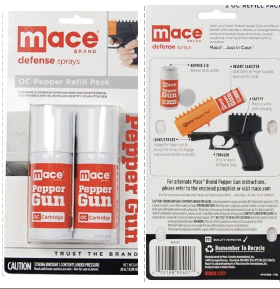 2pc Mace Police Pepper Gun Spray Refill OC Cartridge Dual Kit W/4 ...