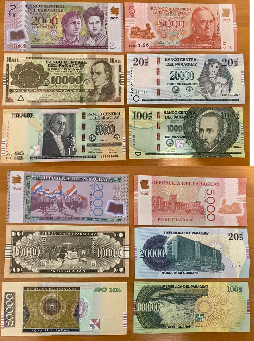 Paraguay - set 6 banknotes 2000 5000 10000 20000 50000 100000 Guaranies ...