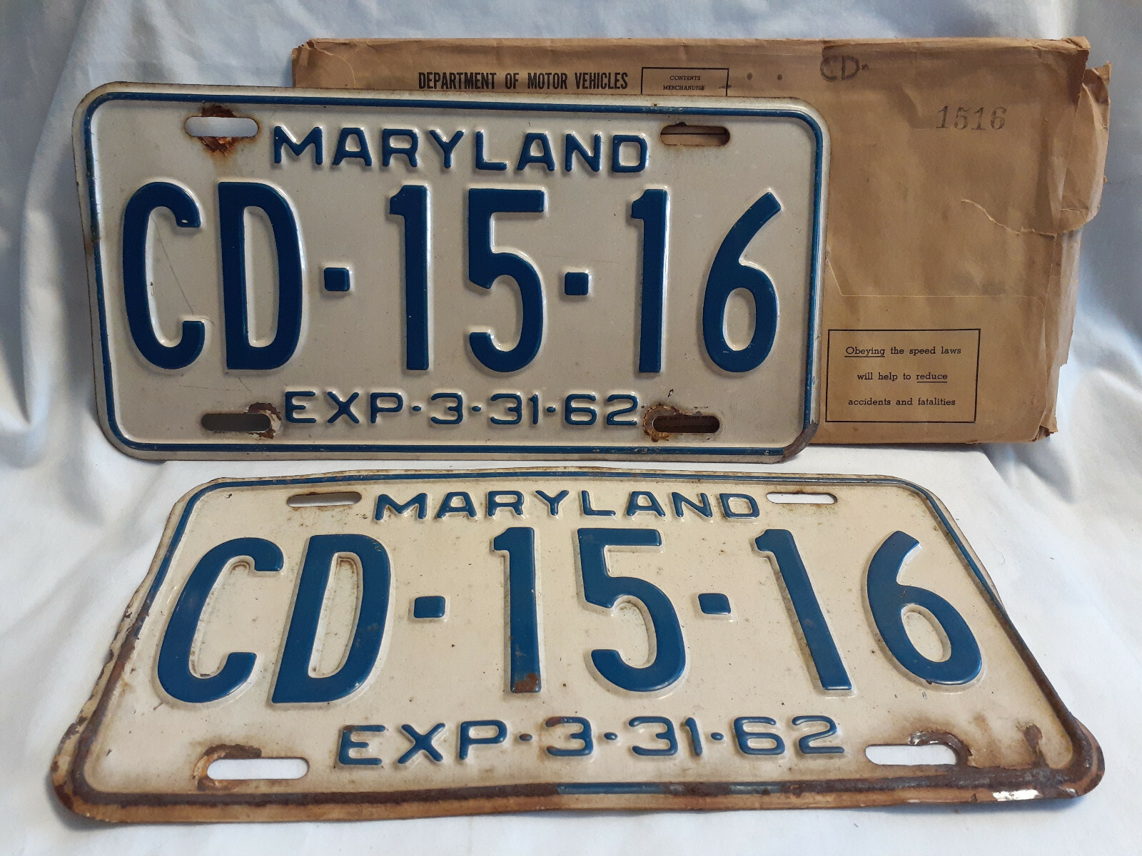 Vtg License Plate Maryland Vehicle Tag CD-15-16 Exp 3-31-62 In Paper ...