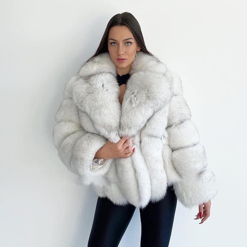 Women Real Blue Fox Fur Coat With Lapel Fashion Winter Natural Fur ...