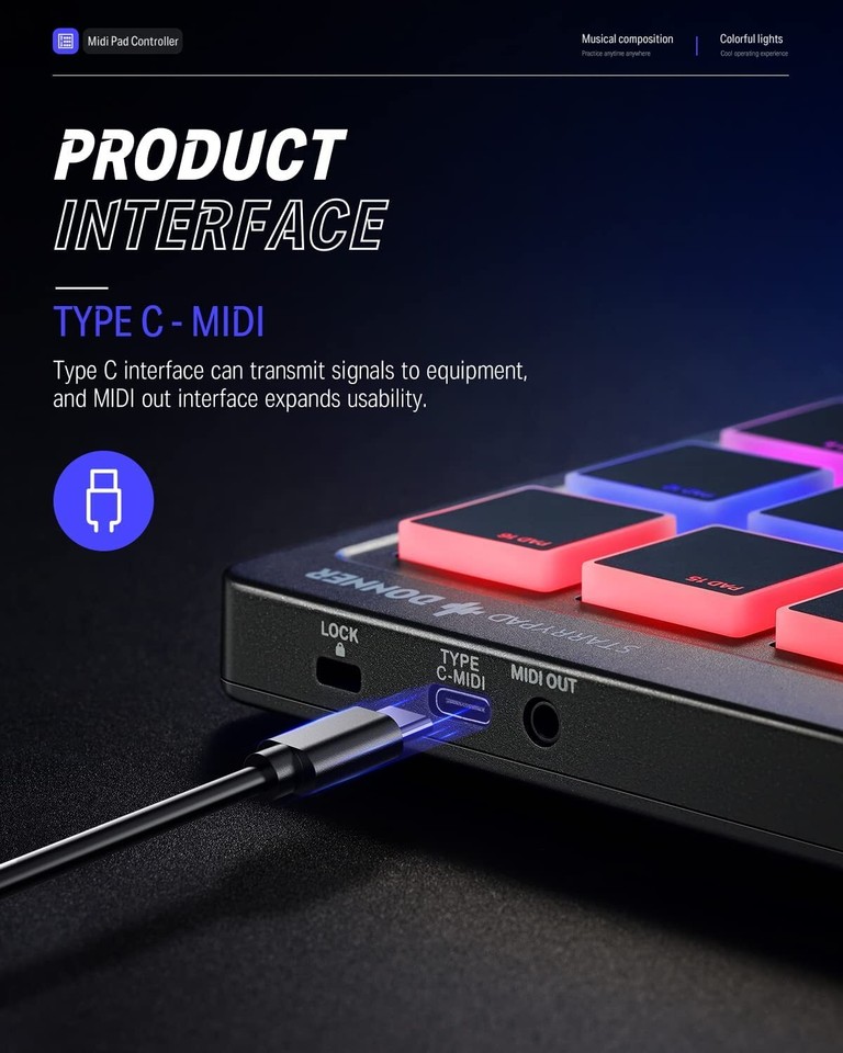 Donner MIDI Pad Beat Maker Controller 16 Beat Pads 2 Fader Knobs Drum ...
