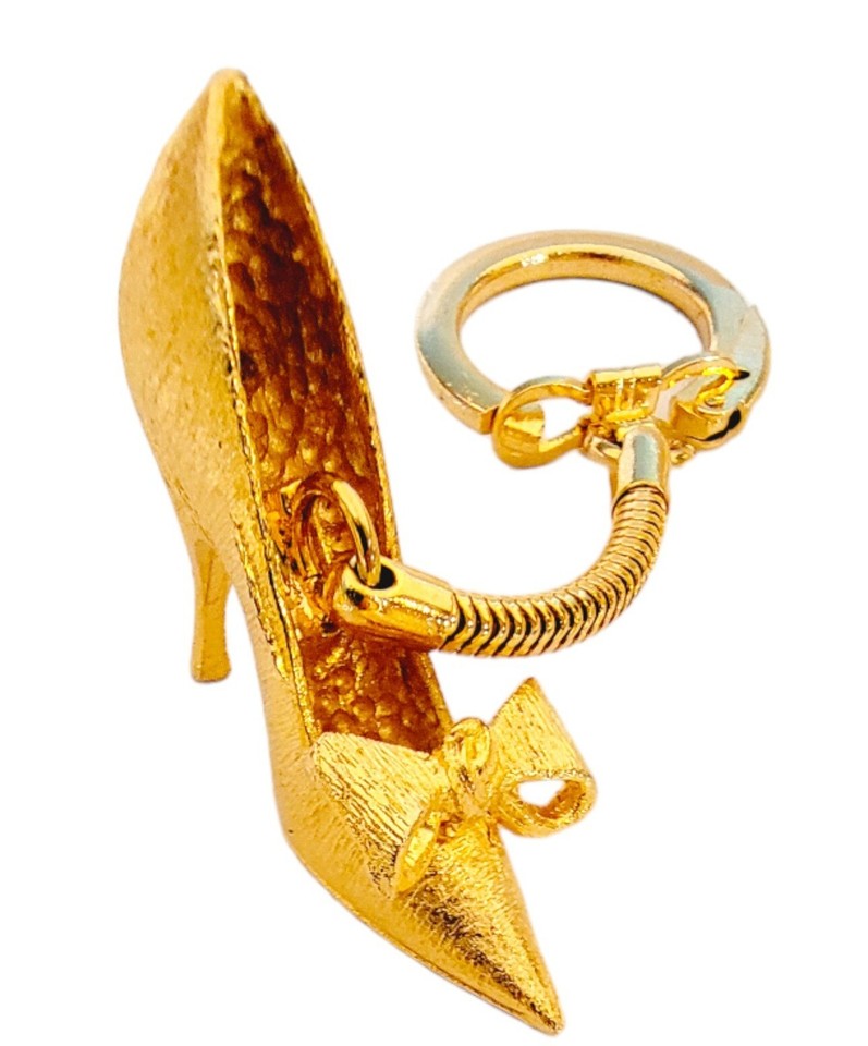 Vintage High Heel Bowtie Shoe Keychain Goldtone Textured Metal Keyring ...