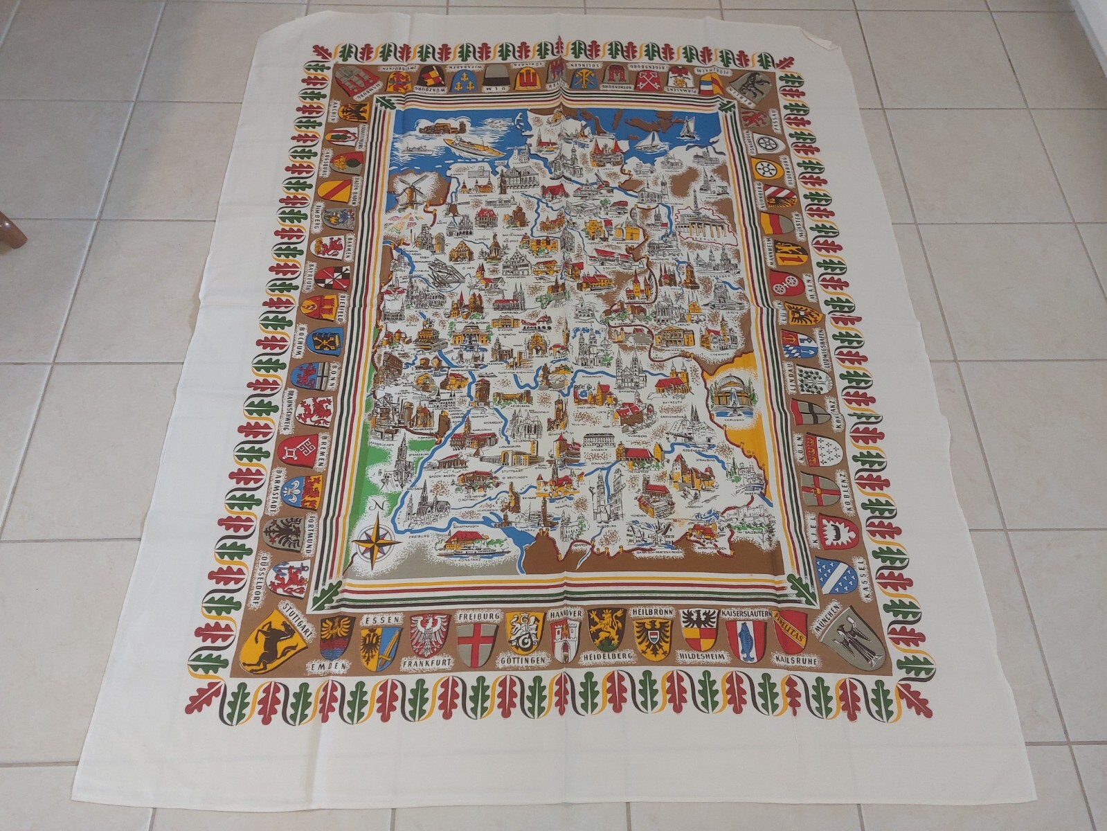 Unused Vtg Tablecloth Germany Map Coats of Arms Cities 50" x 60 ...