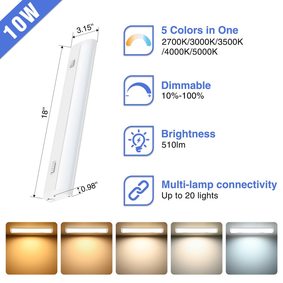 12''/18''/24'' LED Under Cabinet Ceiling Light Linkable Hardwired 5CCT ...