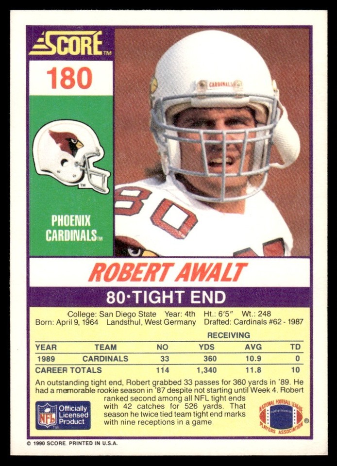 1990 Score Robert Awalt Phoenix Cardinals #180 | eBay
