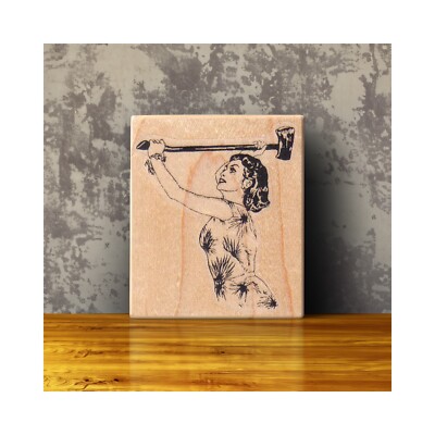 Lady With Axe 2 1/4 x 2 1/2" Rubber Stamp, Axe Lady Stamp, Woman Stamp ...