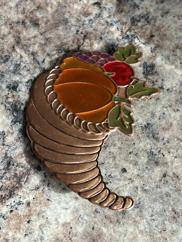Vintage Enamel & Copper Cornucopia Basket Of Plenty Brooch Pin Fall ...