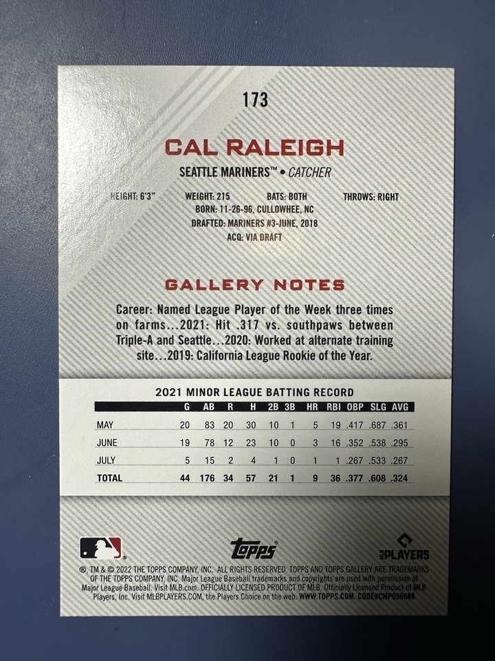 2022 Topps Gallery Cal Raleigh RC Rookie Card - Seattle Mariners #173 ...