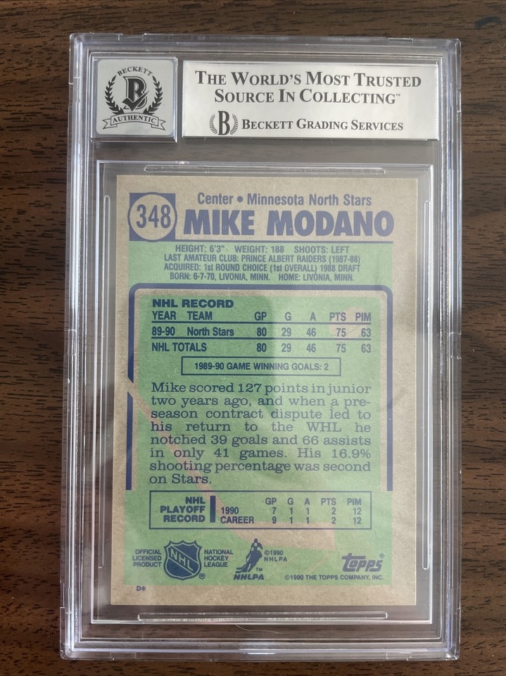 Mike Modano Signed 1990-91 Topps Rookie Card #348 Beckett 10 Auto Stars ...