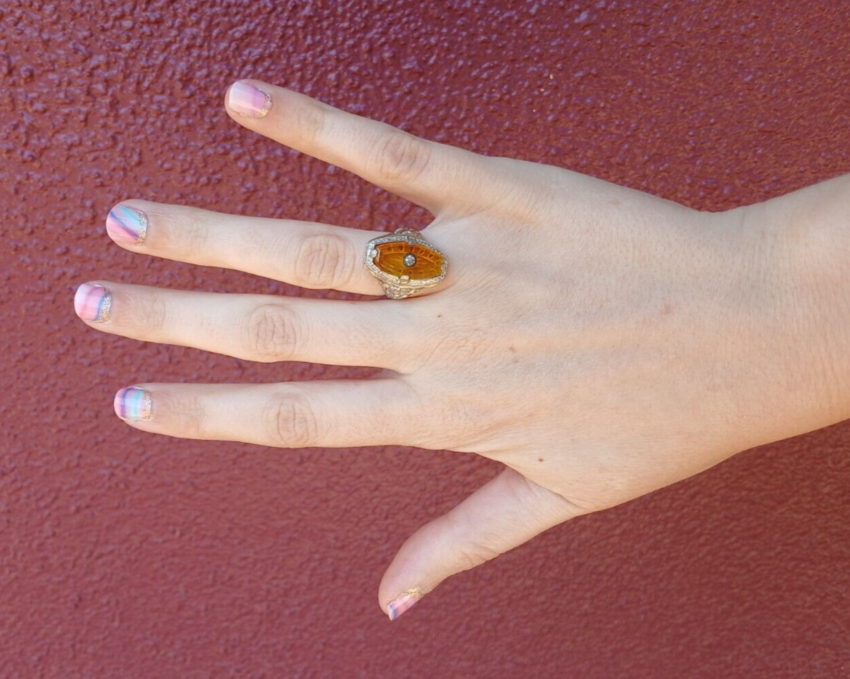 VINTAGE NEMCO ART DECO SILVER TONE YELLOW STONE RING SIZE 5 | eBay