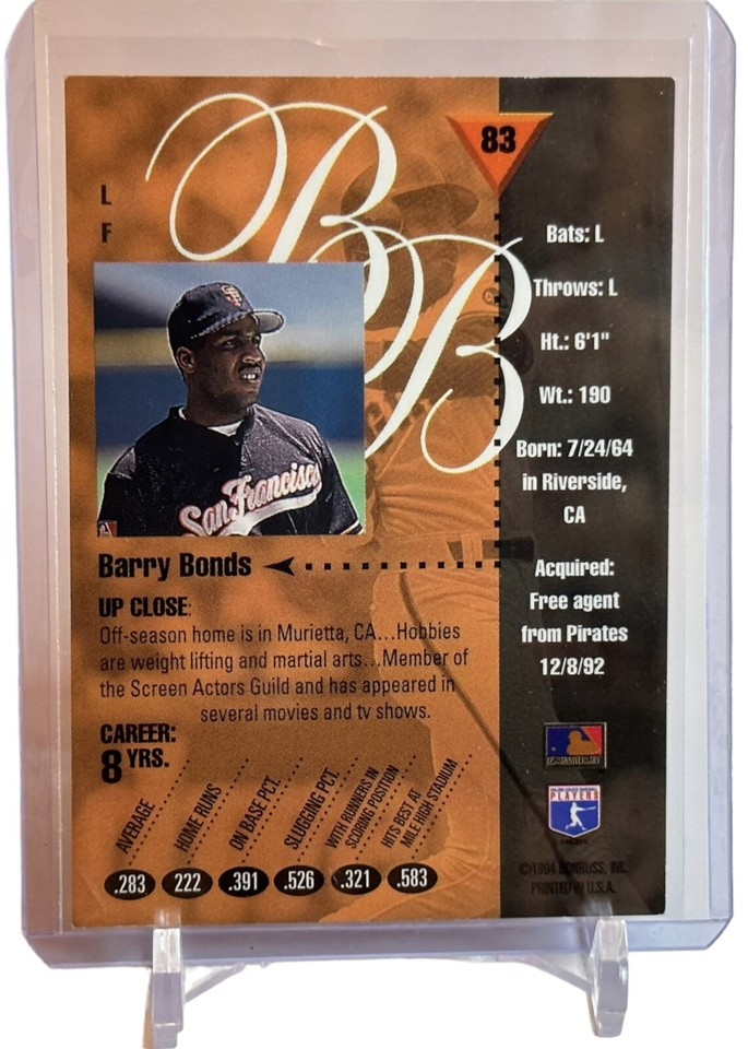 1994 Donruss Studio Barry Bonds San Francisco Giants Card #83 W/Top ...