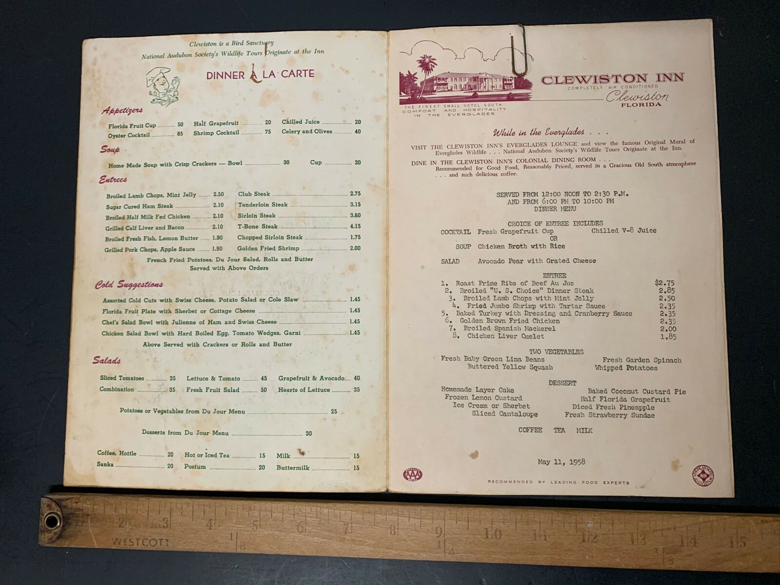 Vtg Restaurant Menu Clewiston Inn Florida Lake Okeechobee Everglades | eBay