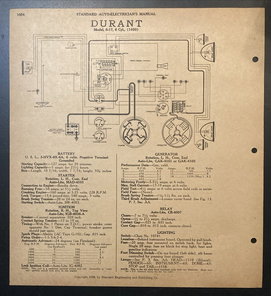 Automobile Electrician Schematic 1930 Durant Model 6-14 1930 Durant ...