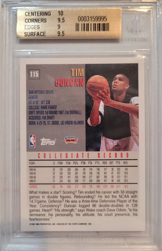 1997-98 Topps Tim Duncan - Rookie Card RC #115 BGS 9.5 GEM-MINT | eBay