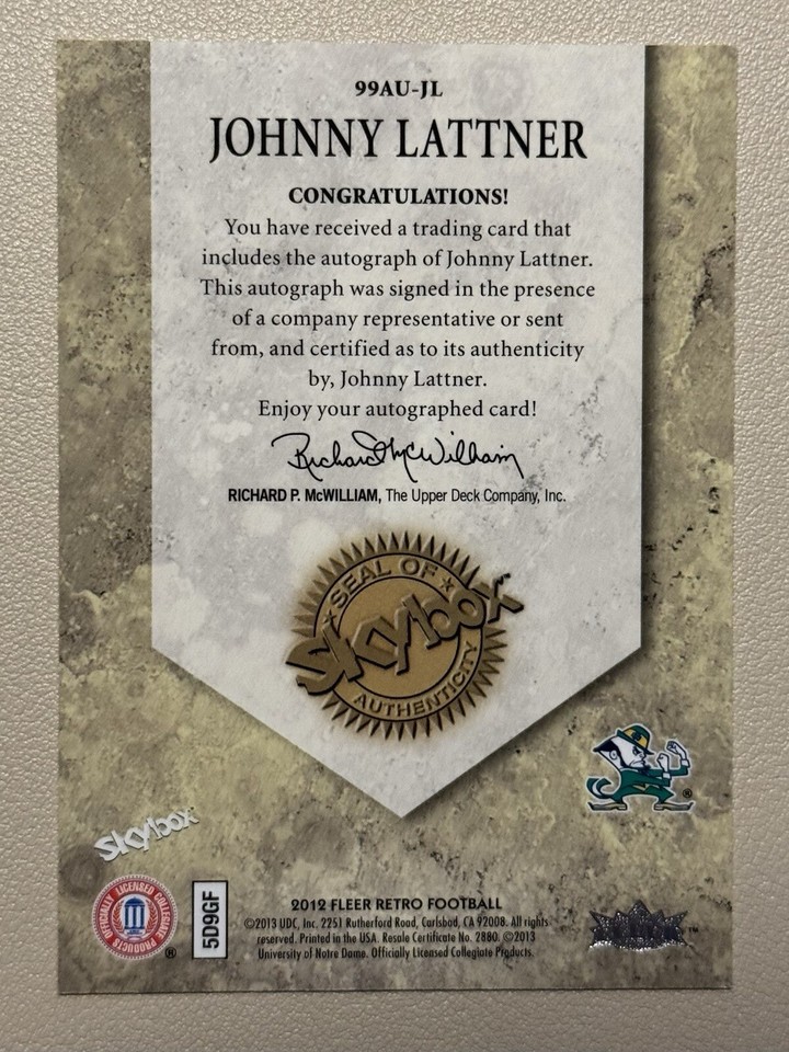 Johnny Lattner 2012 Fleer Retro Autograph (1999 Autographics) 99AU-JL ...