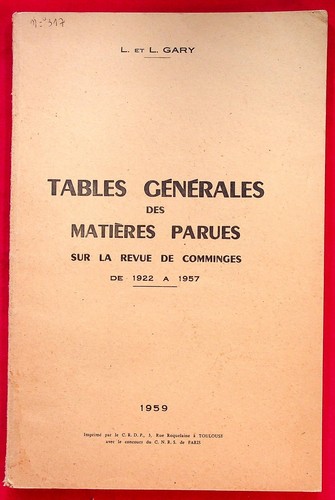 TABLES GENERALES DES MATIERES PARUES SUR LA REVUE DE COMMINGES DE 1922 ...