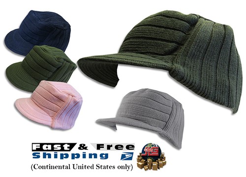 Unisex Knit Flat Visor Cap GI Military Cadet Jeep Caps Beanie winter ...