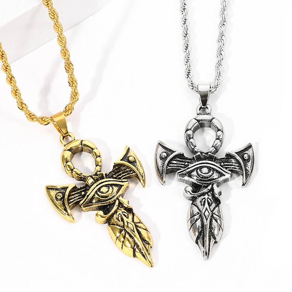 Mens Silver Gold Ankh Eye of Horus Cross Pendant Necklace Egyptian ...