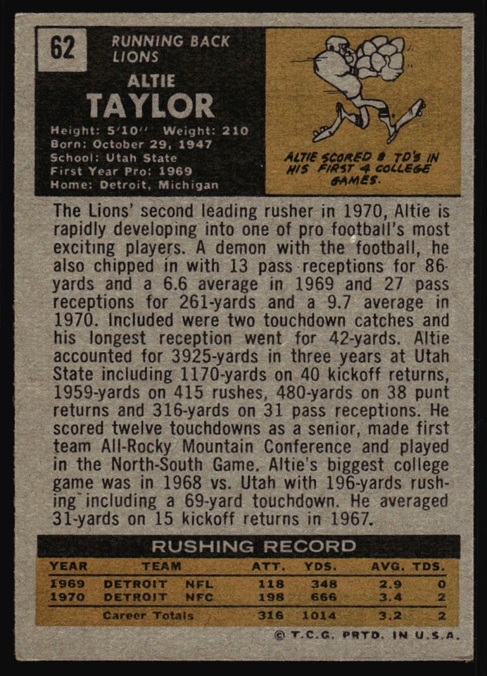 1971 Topps Altie Taylor Rookie #62 Detroit Lions L3 | eBay