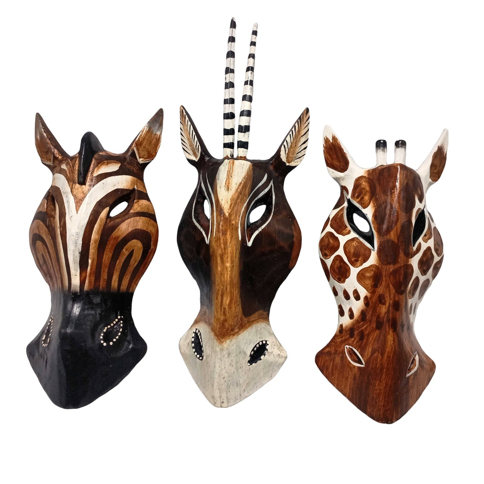 Safari Animal Wood Mask Brown Giraffe Horse Antelope Carving Wall ...
