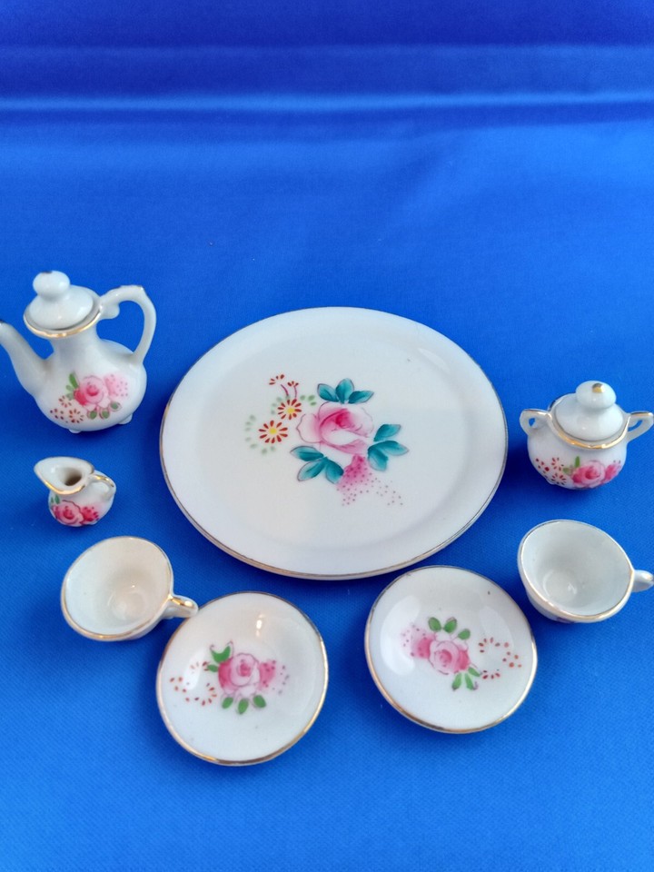 Beautiful 10 piece dollhouse tea set pink roses on white porcelain | eBay