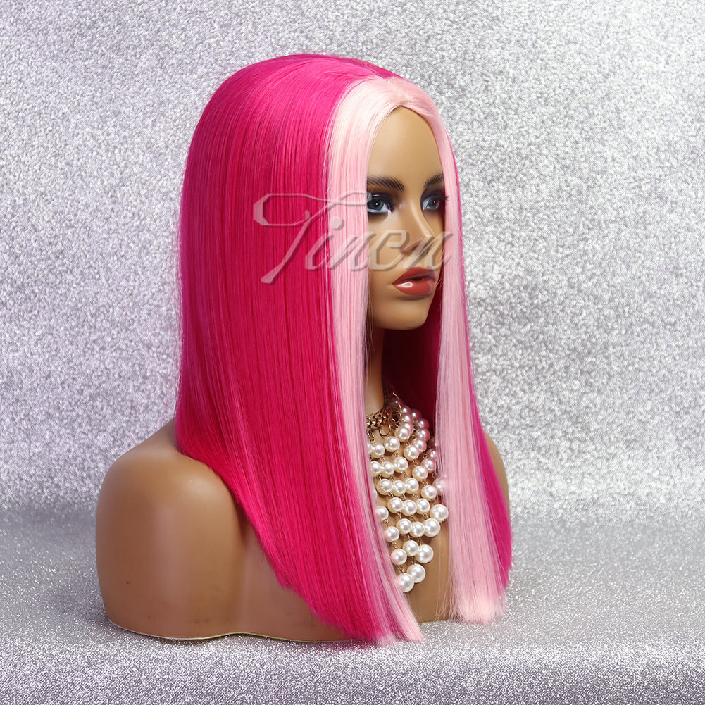 Hot Pink Bob with Baby Pink Highlights No Lace Synthetic Wig Short ...