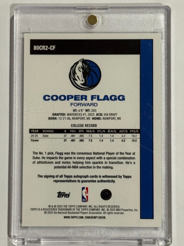2025-26 Topps Basketball 80CR2-CF Cooper Flagg Chrome Mojo Auto On Card ...