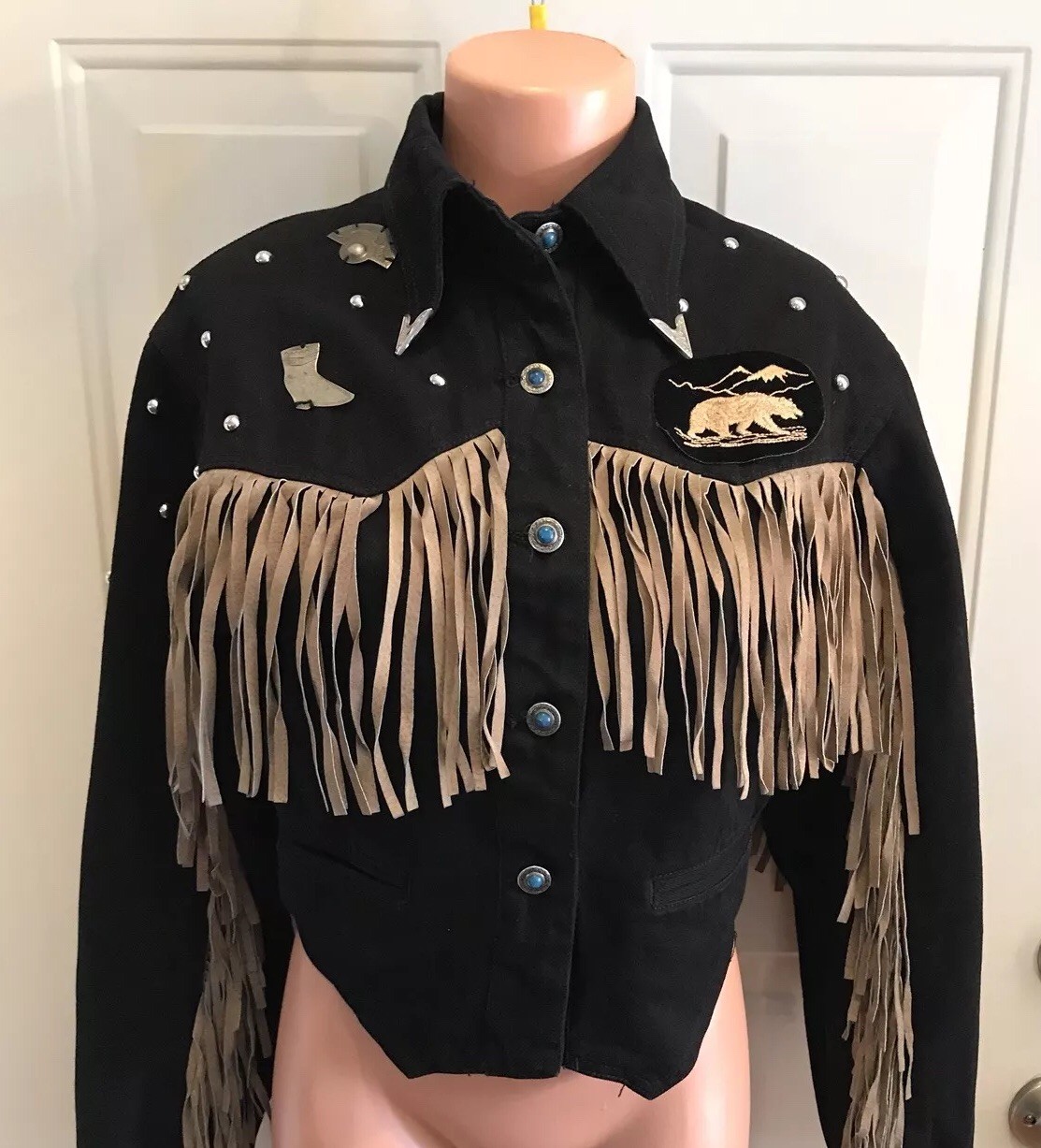 MORGANWEAR, Sz Small, 100% Cotton, Black Denim w/Leather Fringe ...