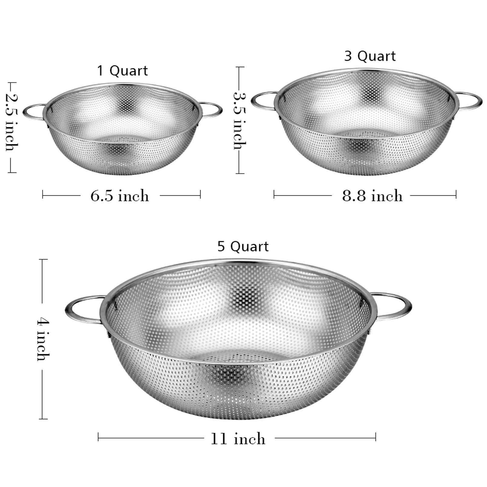 Colander Set of 3, Stainless Steel Perforated Metal Colander Strainer ...