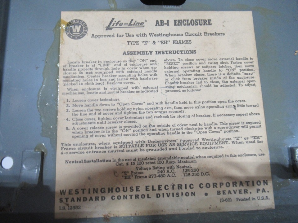 Westinghouse SEH, 10A, 480V, 3P, E EH VINTAGE Circuit Breaker Enclosure ...