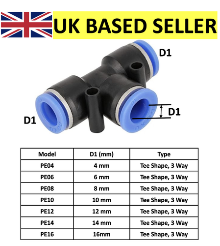 PNEUMATIC PUSH IN FITTING AIR WATER PIPE - TEE SHAPE 3 WAY 4-6-8-10-12 ...