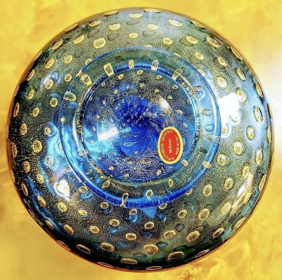 A. Seguso Limited Edition Blue And Gold Bubble Vase 1980’s Label Signed ...