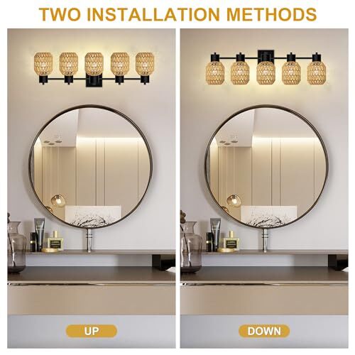 Bathroom Vanity Light, 5 Lights Boho Rattan bathroom lighting 5 ...