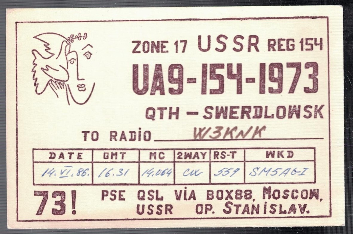 1986 QSL RADIO CALL CARD UA9-154-1973 SWERDLOWSK RUSSIA USSR POSTCARD ...