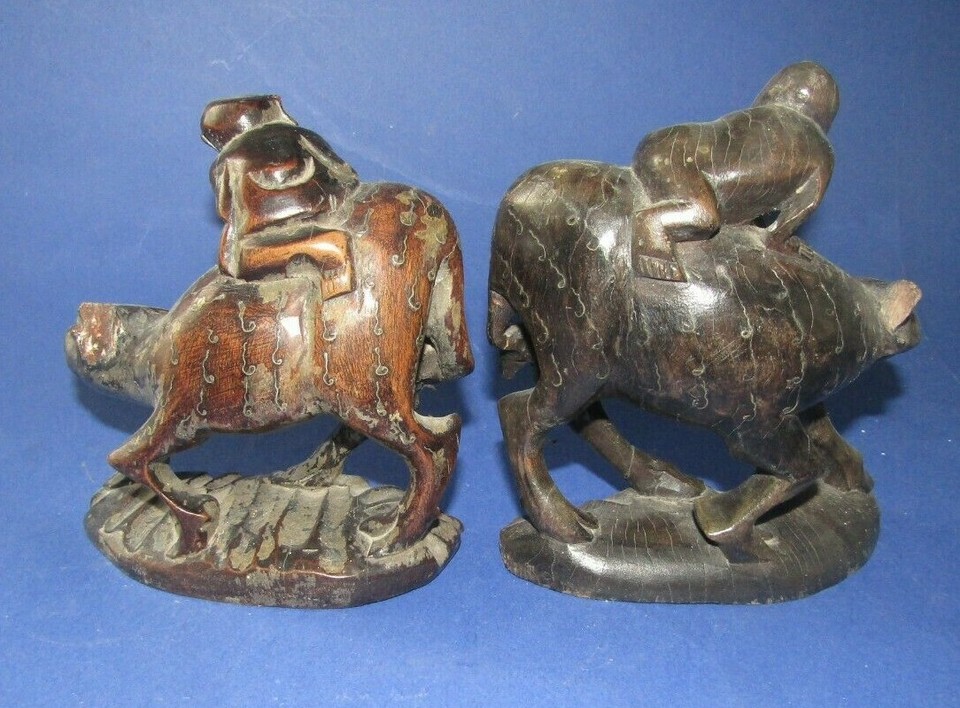 Pair Statuette Wood Sculpture Chinese Water Buffalo Sculptures Inlay ...