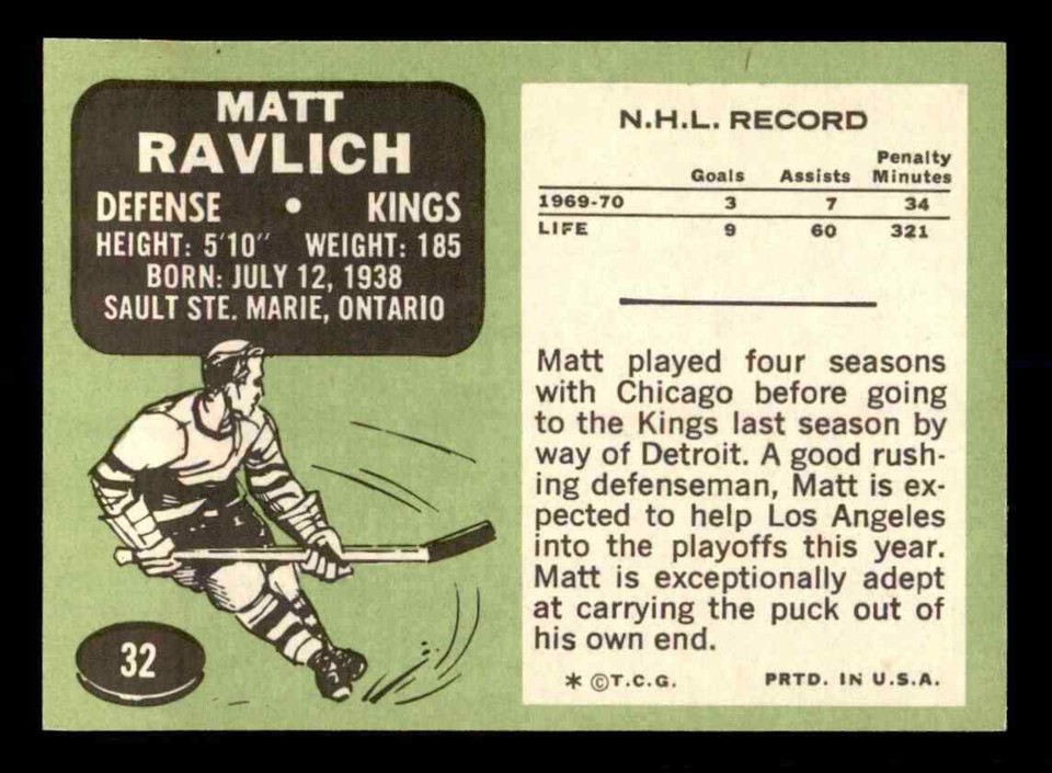 1970 Topps Hockey #32 Matt Ravlich - NM-MT | eBay