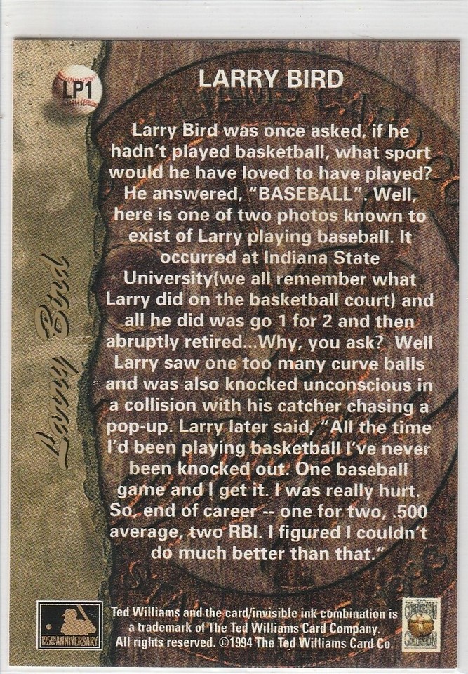 LARRY BIRD Indiana State Sycamores RARE BASEBALL CARD Boston Celtics ...