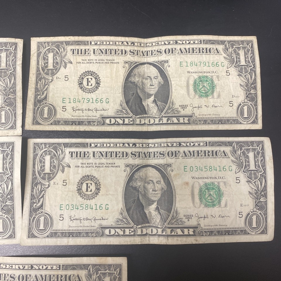 Lot Of 5 - 1963 E Joseph W. Barr US $1 One Dollar Notes Circ Condition ...