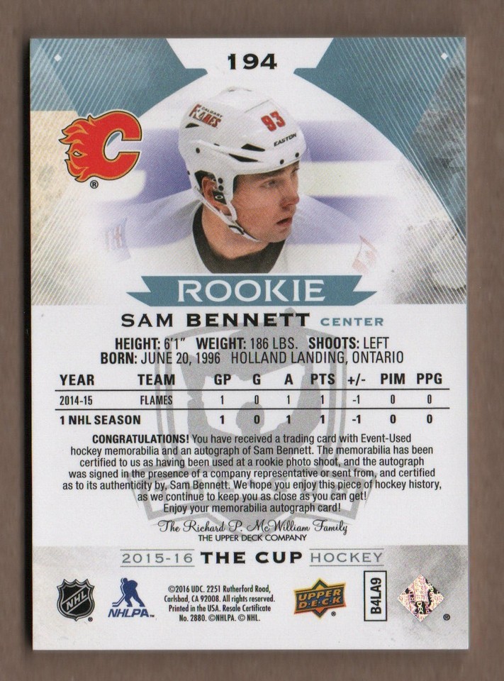 2015-16 UD THE CUP ROOKIE AUTO/PATCH, **SAM BENNETT ROOKIE**, 23/99. | eBay