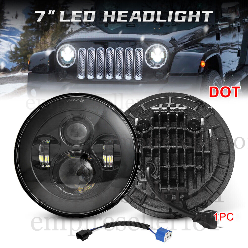 7" Inch Round LED Headlight Hi-Lo Beam Black For Jeep Wrangler JK TJ LJ ...