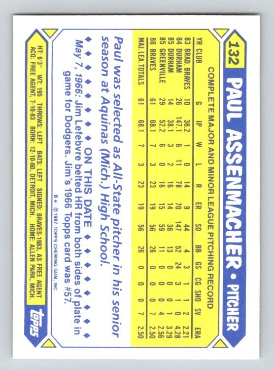1987 Topps Tiffany Collection RC #132 Paul Assenmacher FREE SHIPPING ...