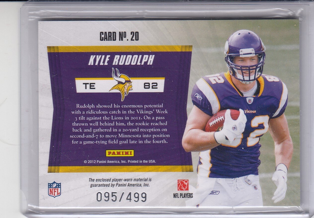 KYLE RUDOLPH 2011 Panini Totally Certified Future Materials #20 95/499 ...