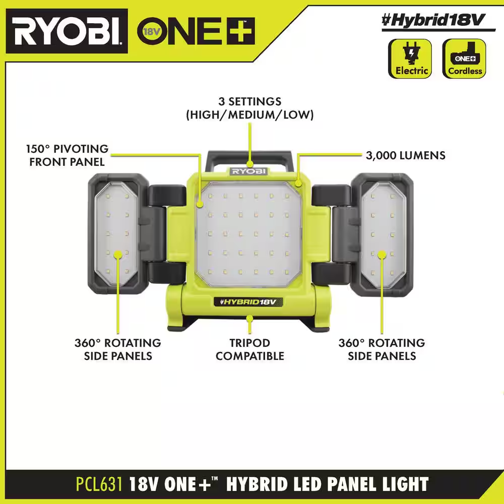 Ryobi 18V Cordless Hybrid 3000 Lumens LED Panel Light-PCL631B ...