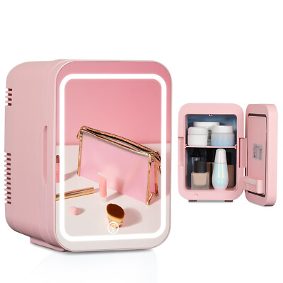 4L Pink LED Mirror Mini Fridge Portable Beauty Ice Box Table Top Cooler ...